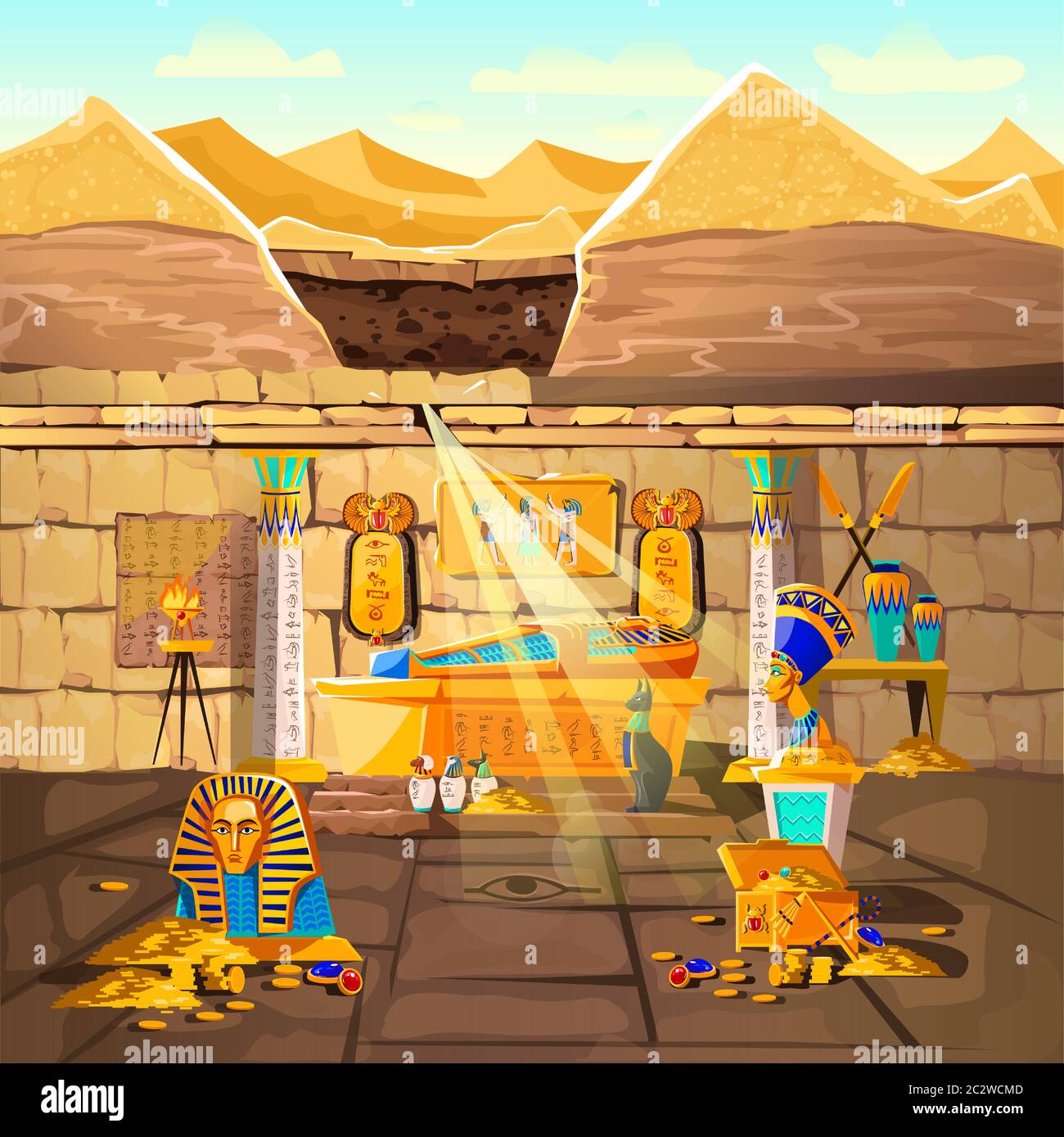 Ancient Egypt pharaoh lost tomb, underground cartoon vector ...