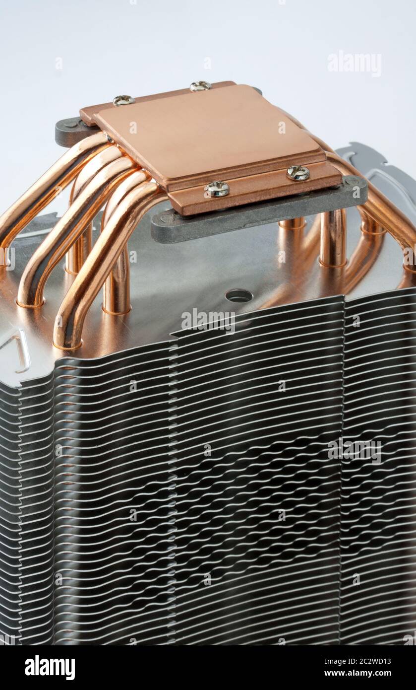 Close-up of modern computer processor cooler with copper pipes Stock ...