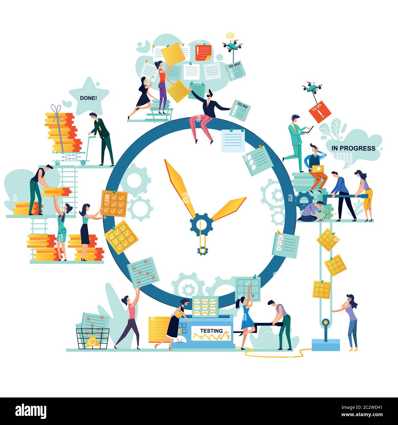 Deadline, time management and teamwork business concept vector. Large ...