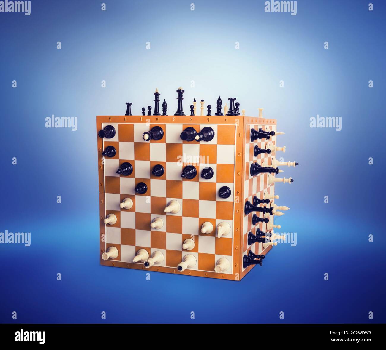 Tree dimensional chess cube: figures sticked to the chess board over ...
