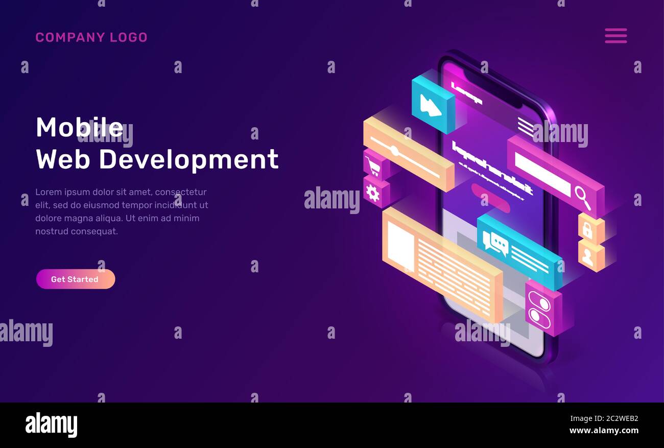 Mobile web development isometric concept vector illustration. Landing ...