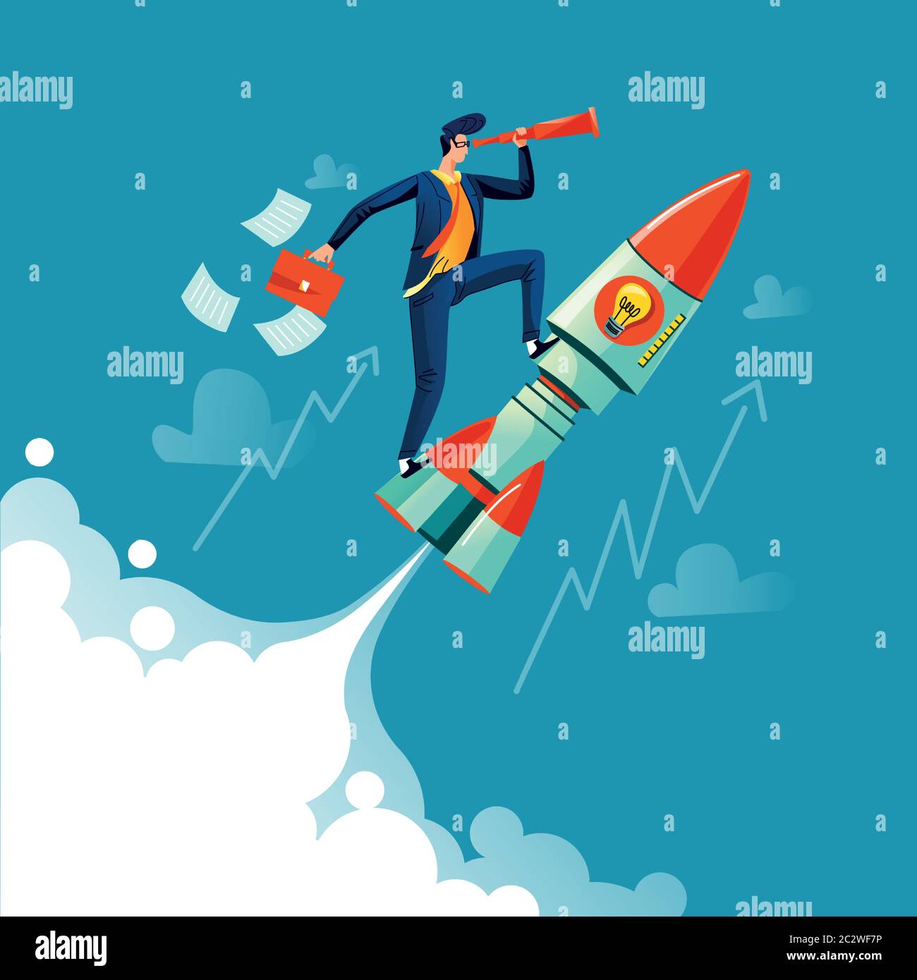 Businessman flying on rocket on background of sky, clouds and growth ...