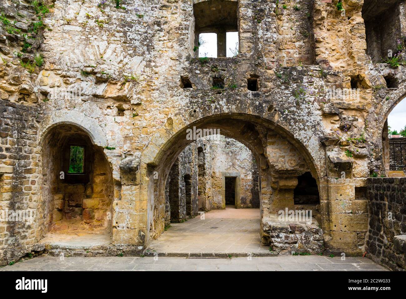 Old castle ruins, ancient stone building facade. European architecture ...