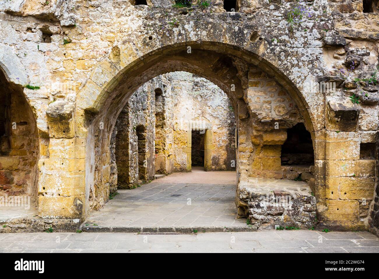 Old castle ruins, ancient stone building facade. European architecture ...