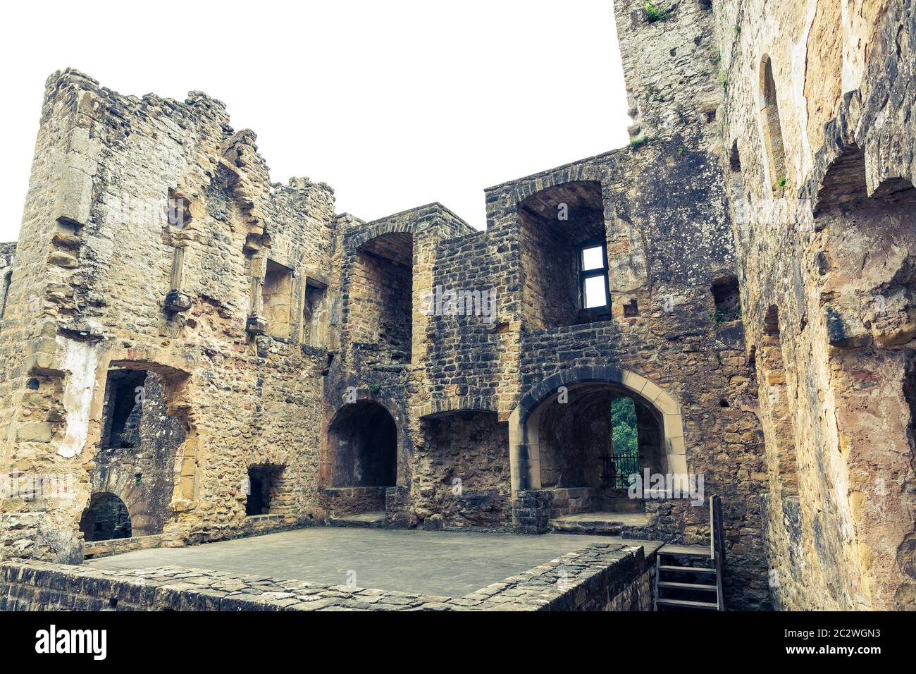 Old castle, burned ruins, ancient stone building structure, Europe ...