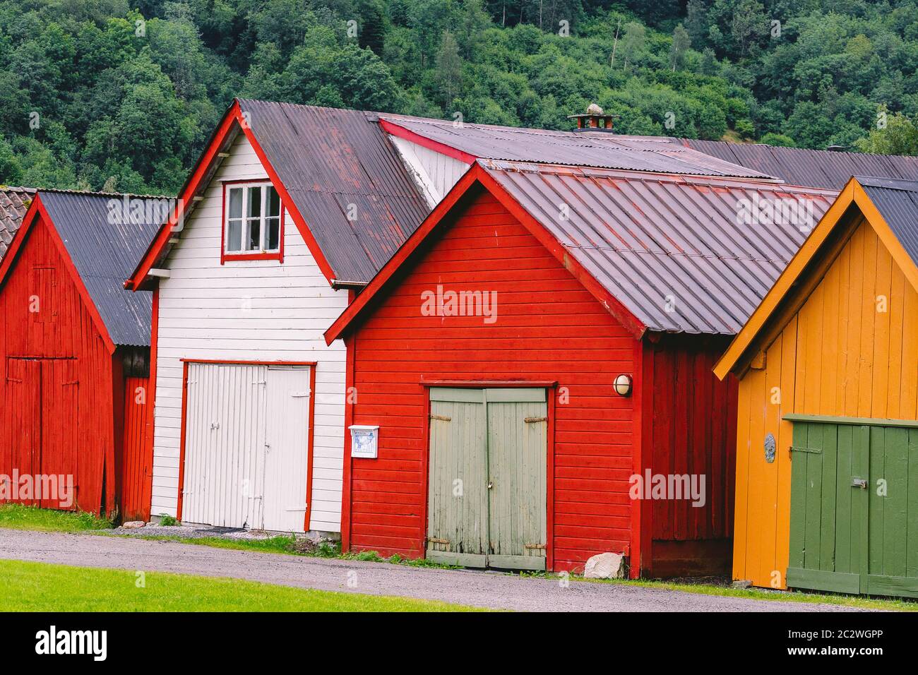 Countryside view of colored wooden buildings. Boathouses in Norway ...