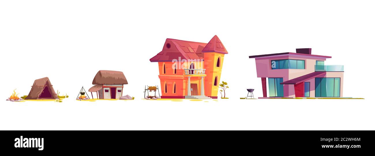 Evolution of house architecture, cartoon vector illustration. Human ...