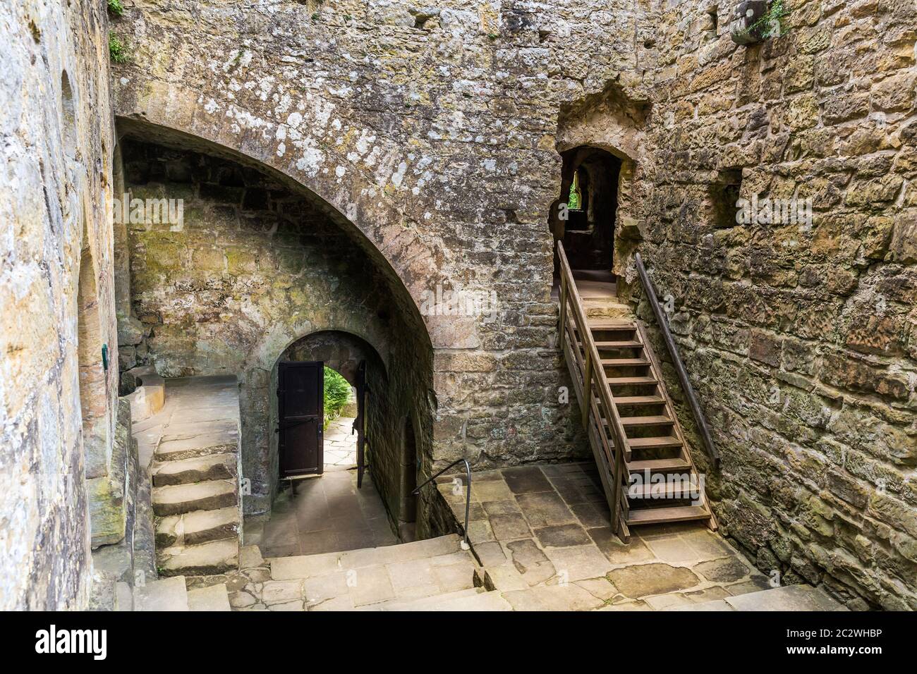 Stairs in old castle ruins, ancient stone building, heritage ...