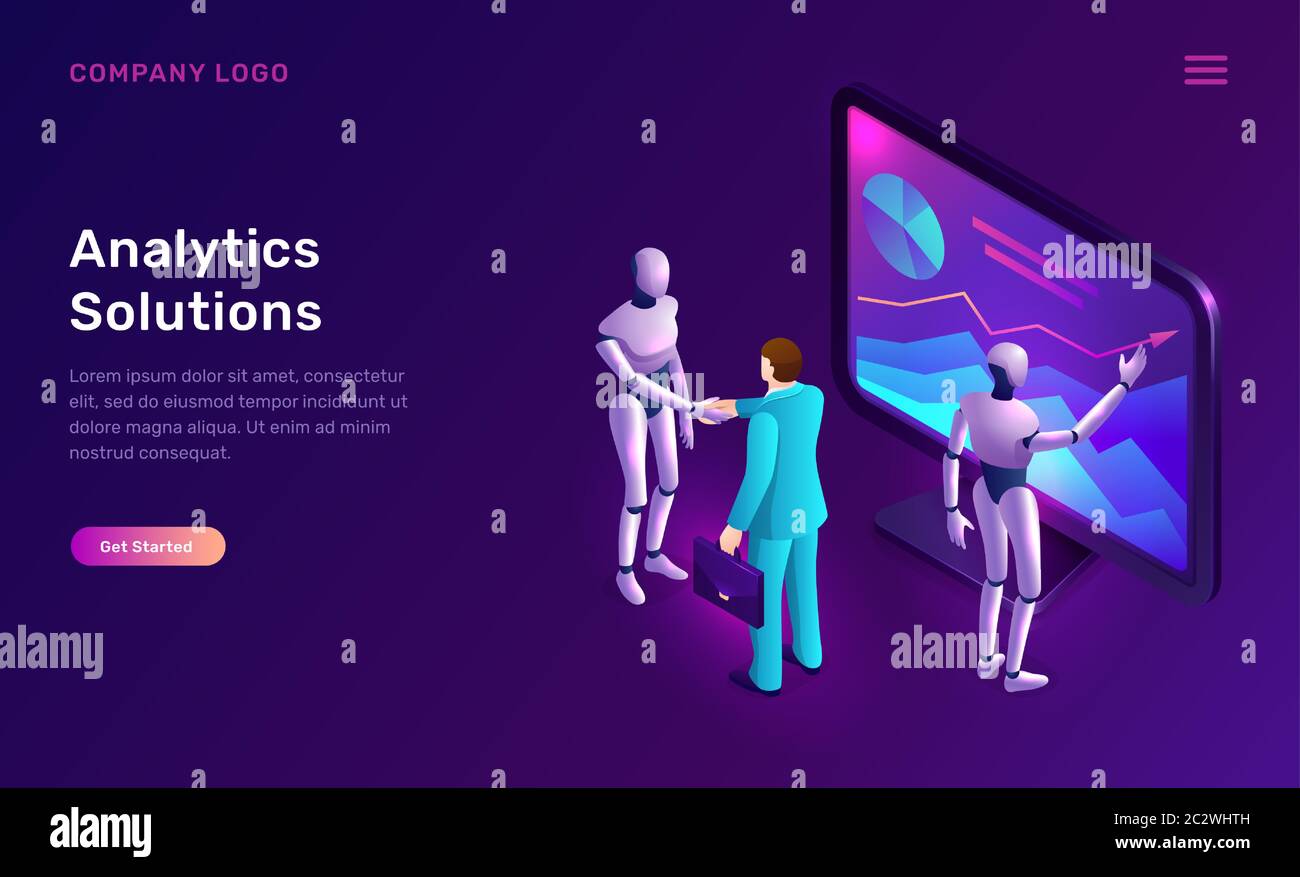 Data analysis or analytics solutions, isometric concept vector illustration. Two artificial ...