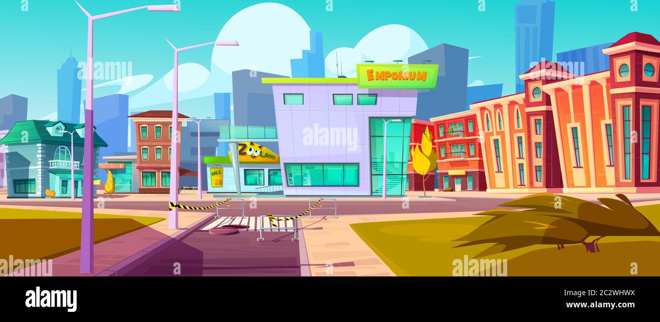 Urban landscape with shopping mall, residential buildings and fenced ...