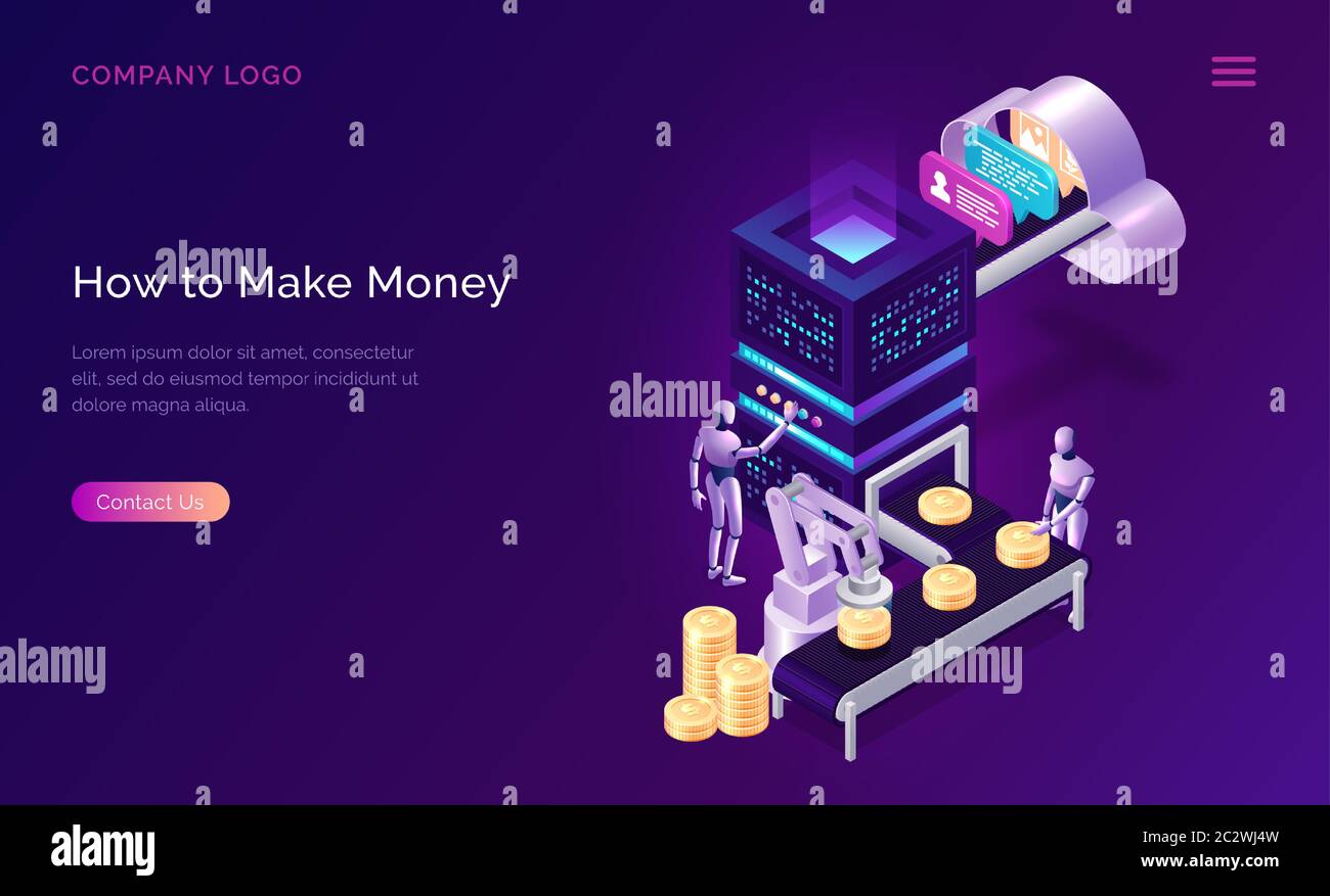Make money, isometric concept vector. Cloud storage with data, conveyor ...