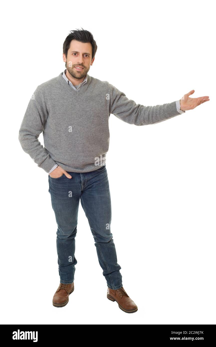 casual man with arm out in a welcoming gesture, isolated on white Stock ...