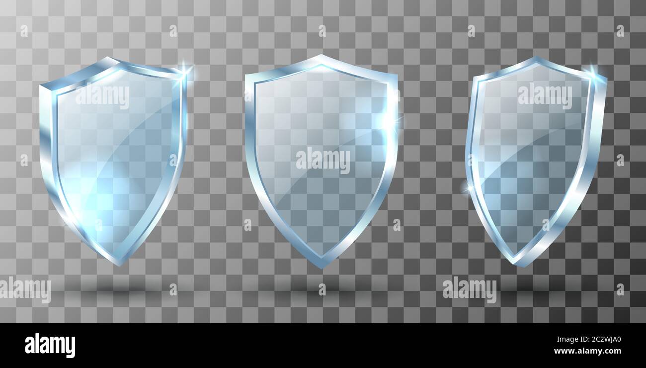 Glass shield realistic vector illustrations. Blank transparent blue ...