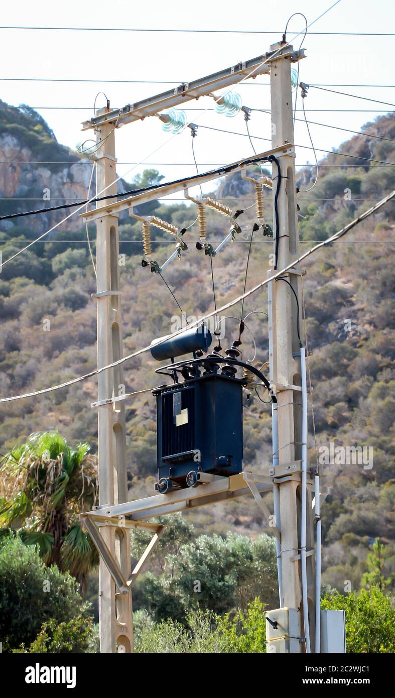 Pylons, power lines, transformers, capacitors and isolators Stock Photo ...