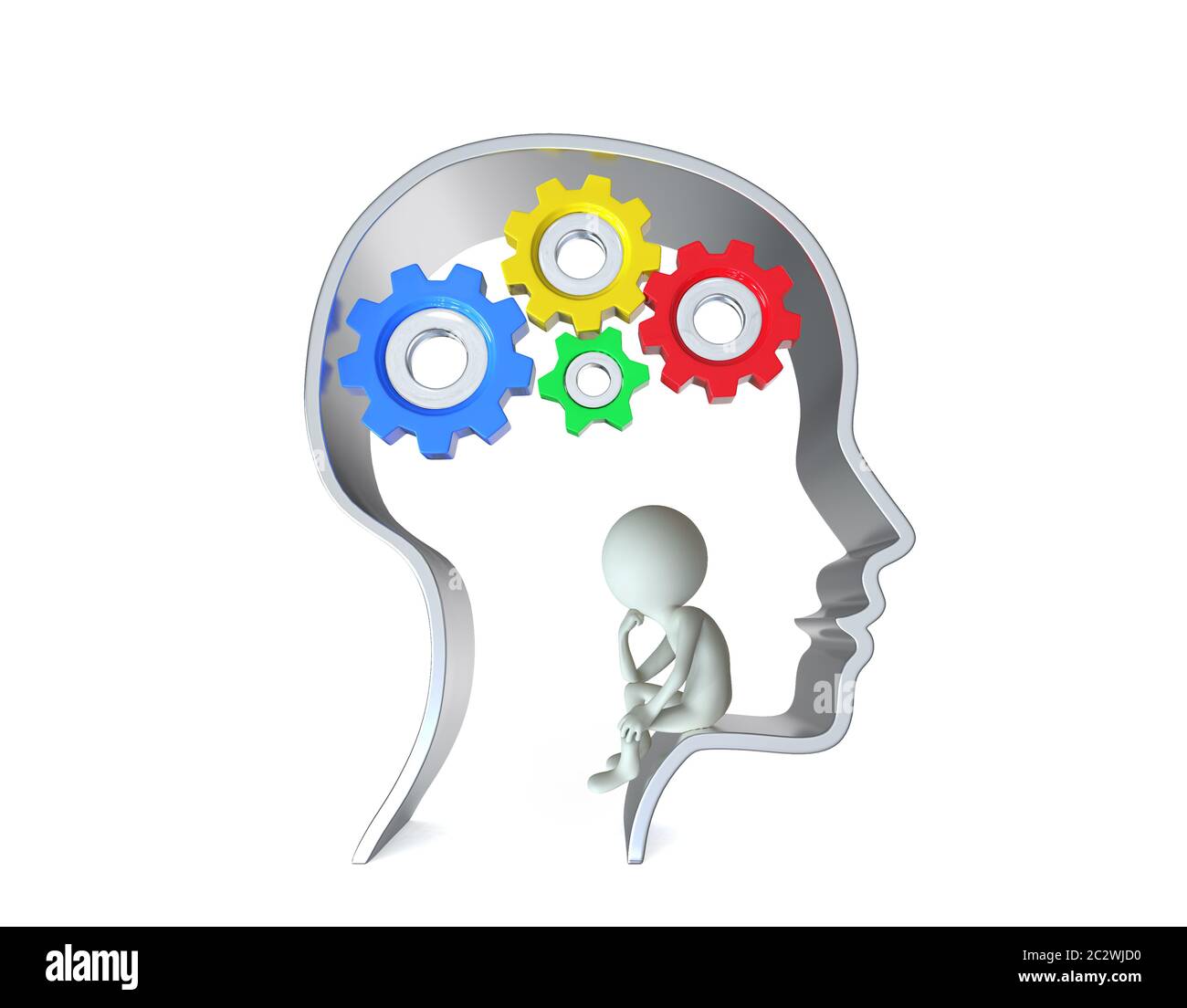 3D person inside human head with gearing isolated on white background ...