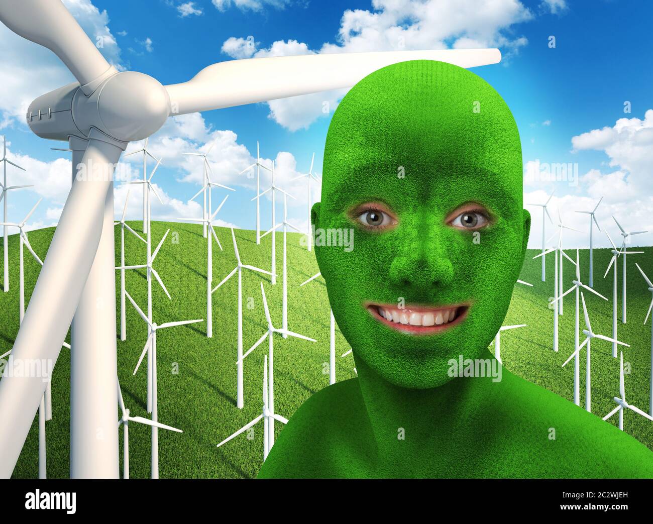 The concept of green human's head on nature background with wind ...