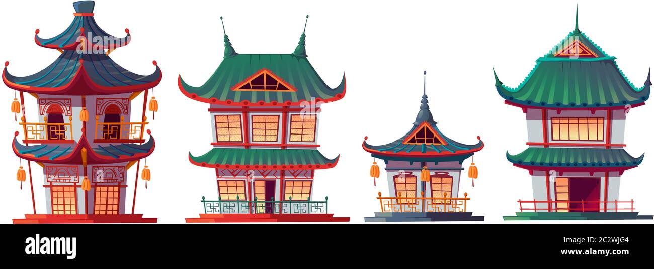 Chinese house building cartoon vector illustration. Traditional China ...