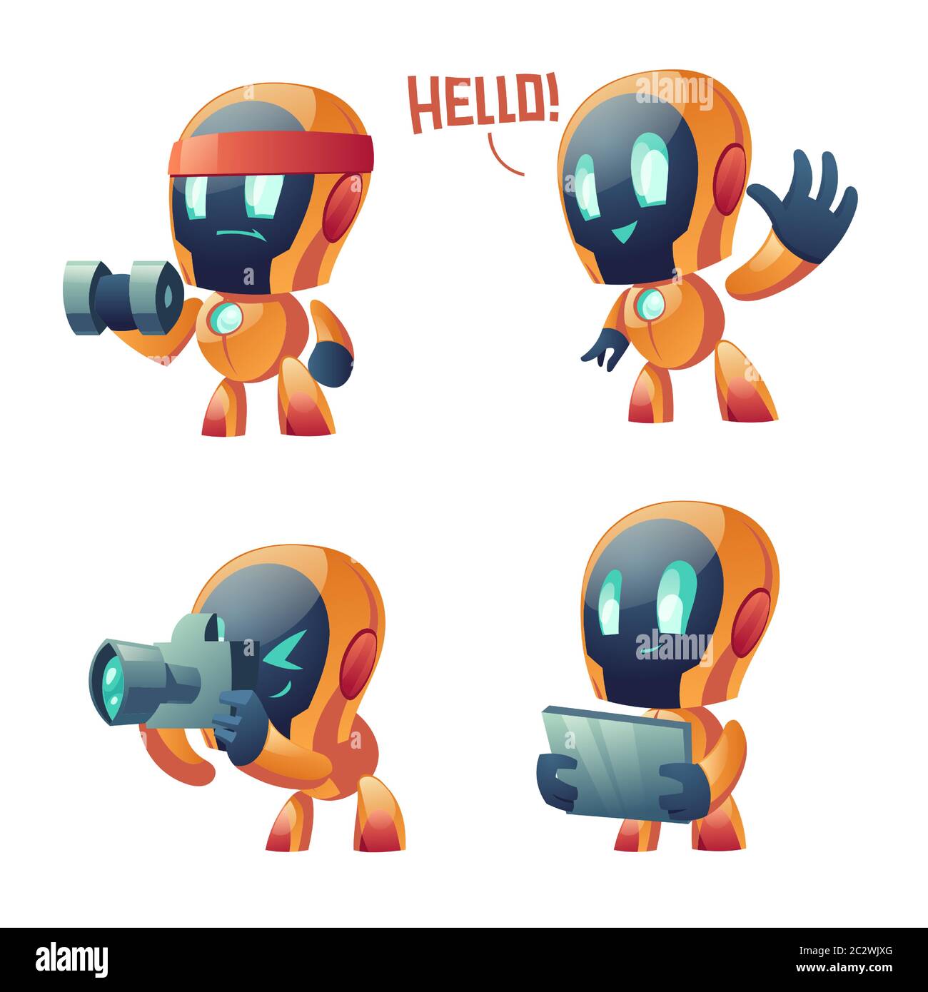 Cute chat bot cartoon vector set illustration. Yellow funny smart ...