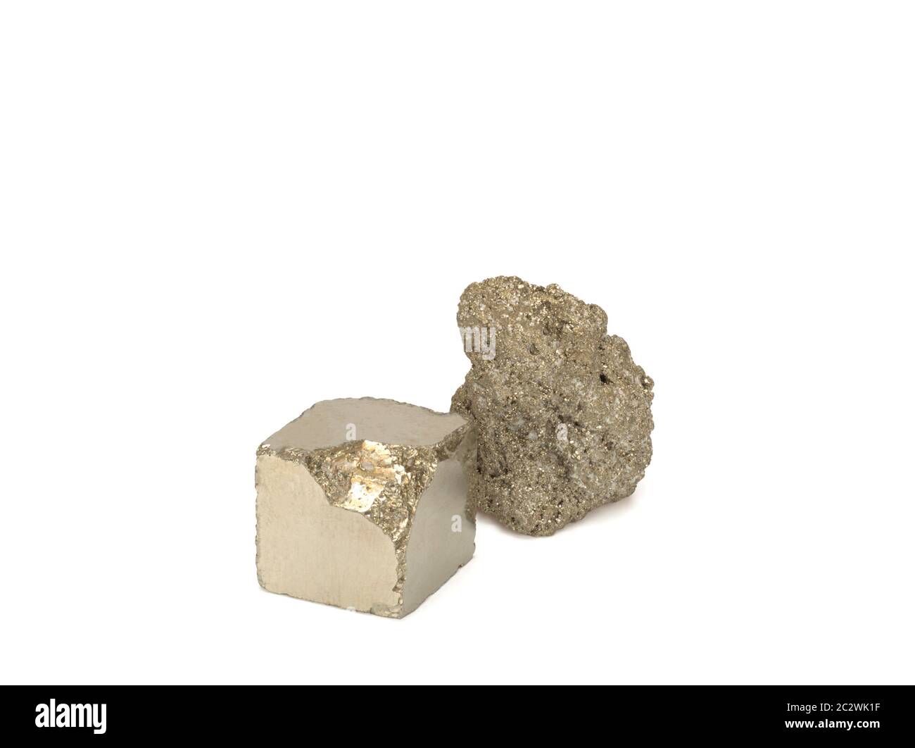 Natural Pyrite and partially treated pyrite on white background Stock ...