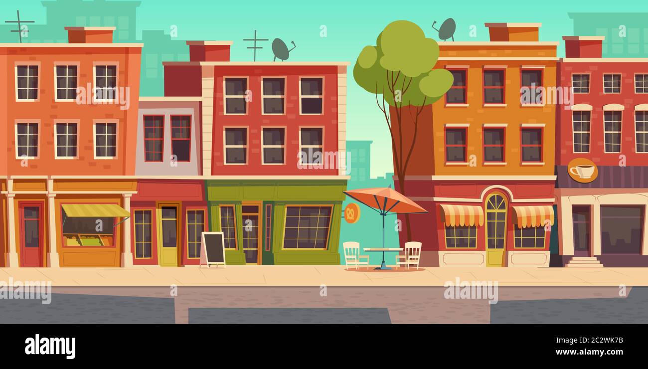 Urban street landscape with small shops and residential buildings ...