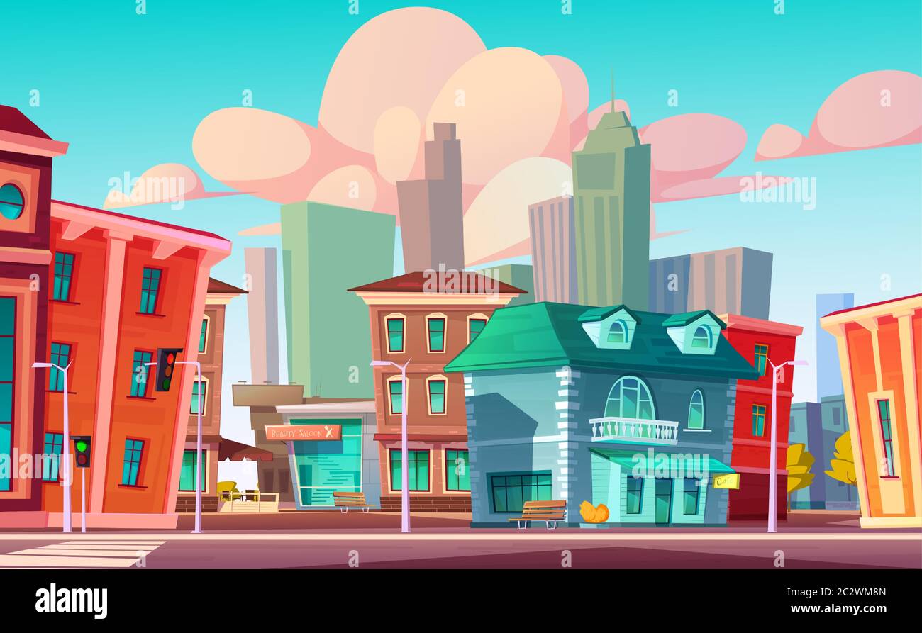 Urban street landscape with retro residential buildings with cafe and ...