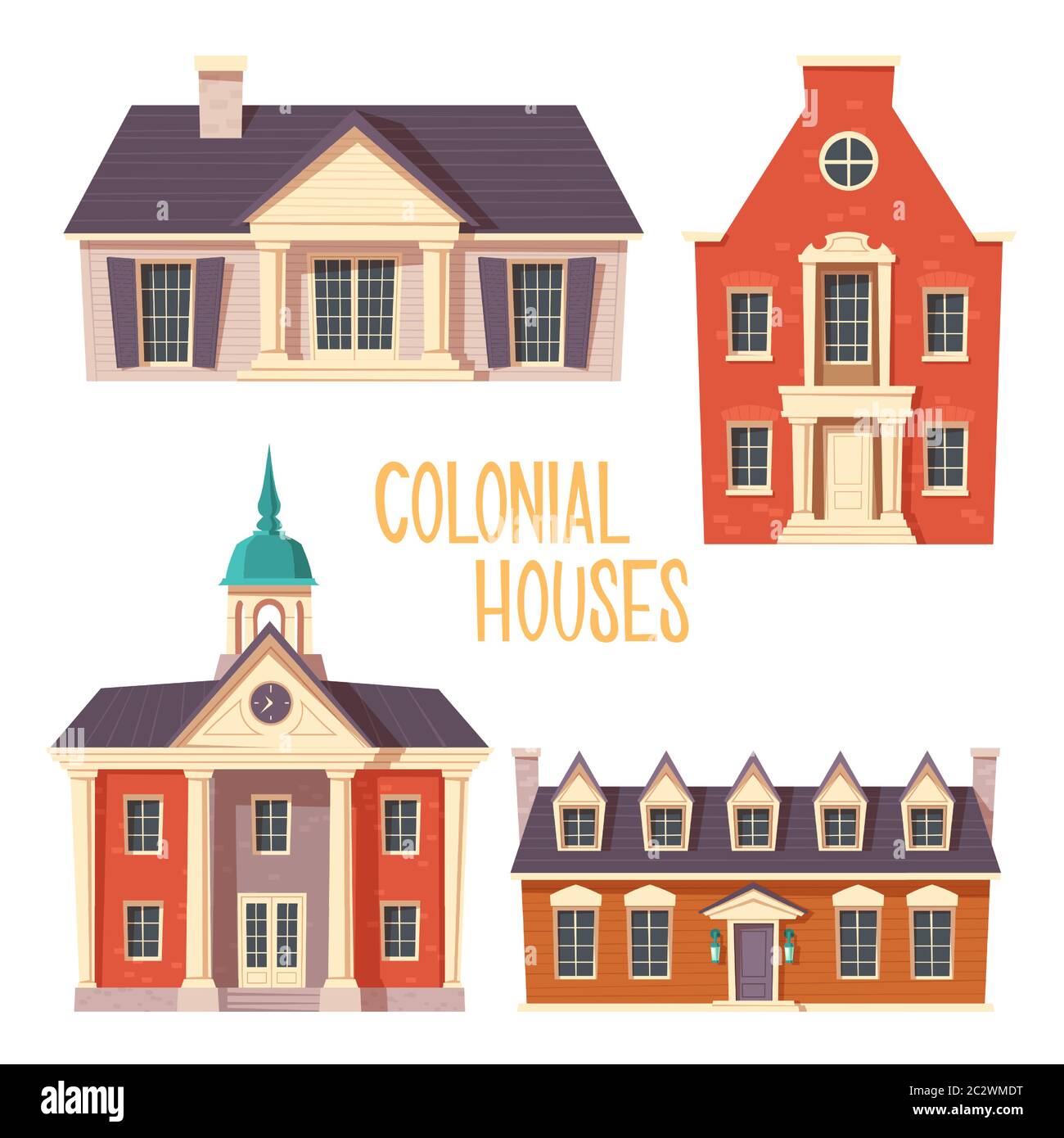 Urban retro colonial style building cartoon vector set illustration ...