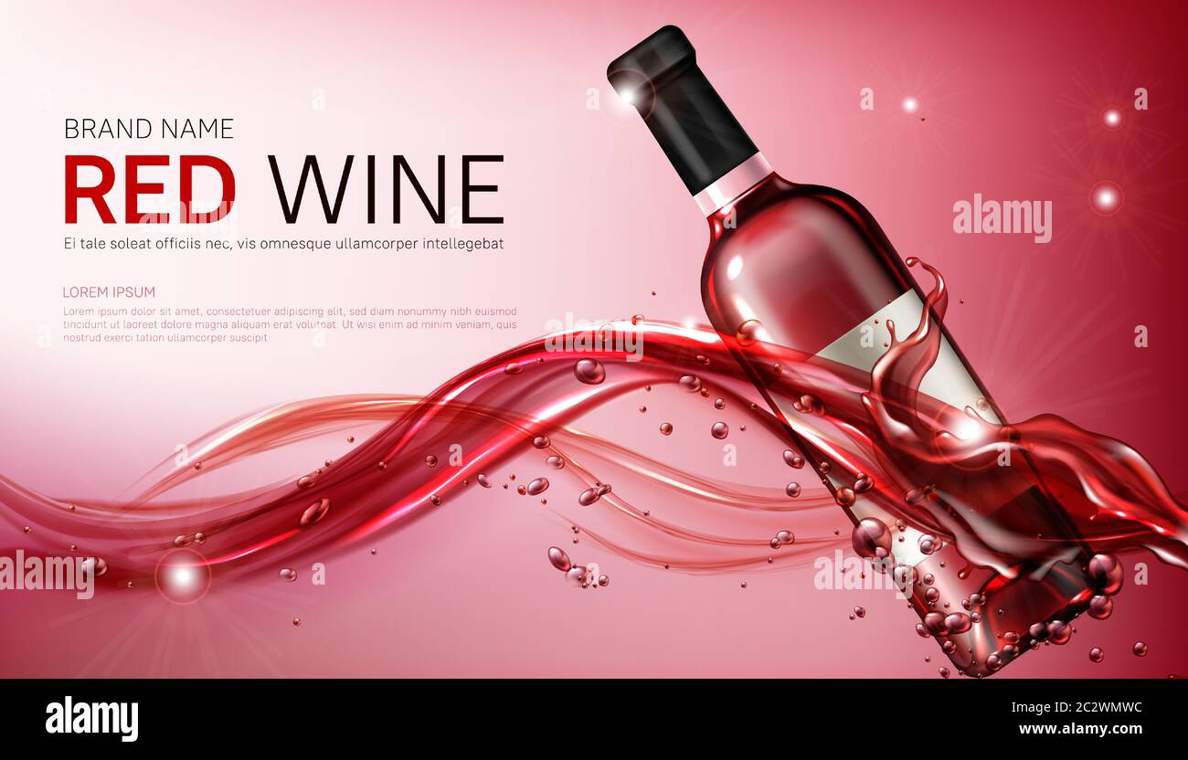 Wine glass bottles in flowing red liquid realistic vector illustration ...