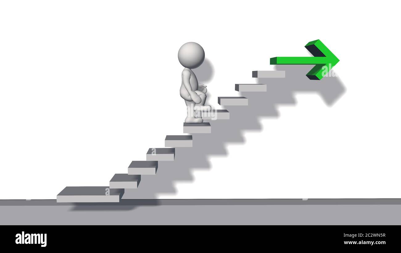 Stair steps with 3D figure and green arrow against a white wall Stock ...