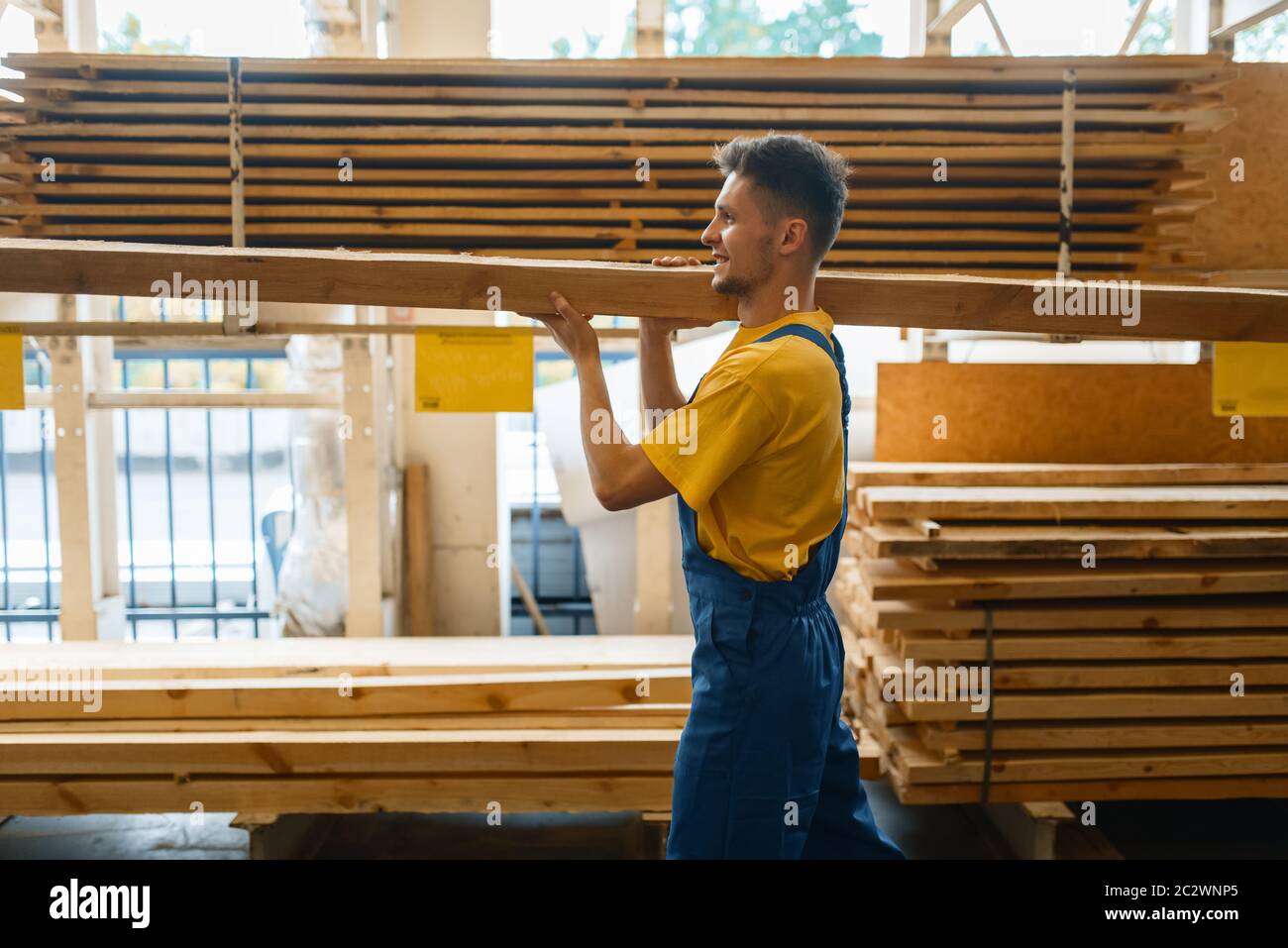 Male builder holds wooden boards in hardware store. Customer look at ...