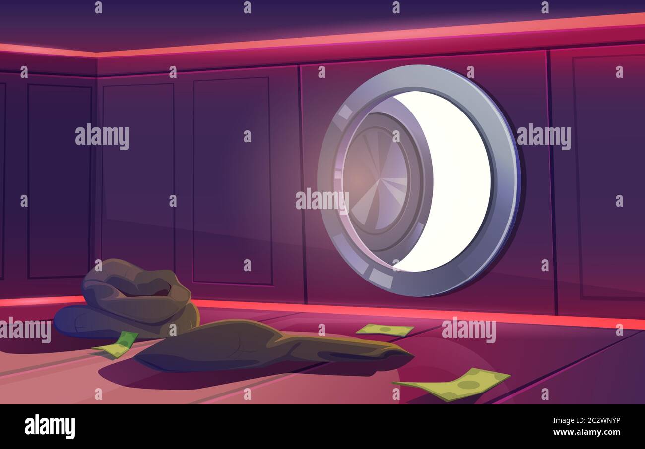 Bank vault room with open door, some dollar banknotes and empty sacks ...