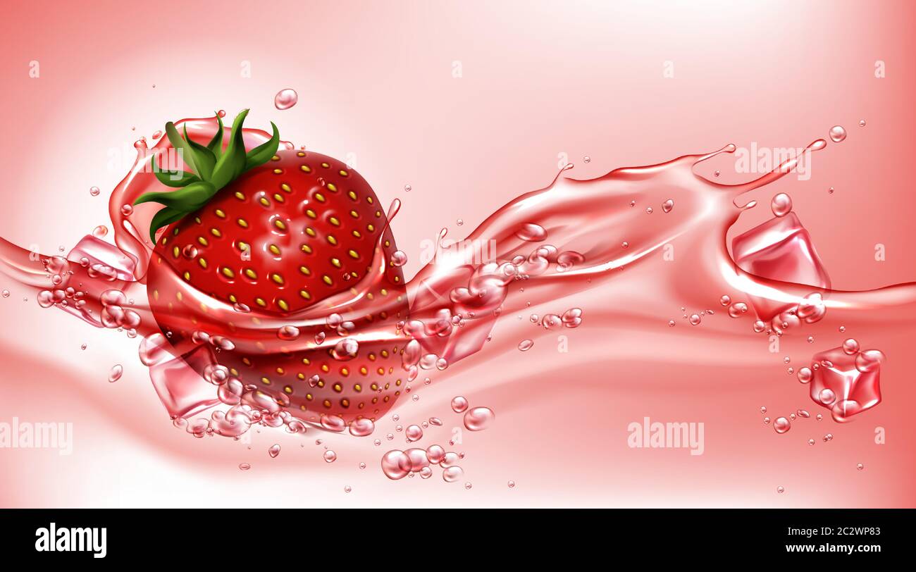 Strawberry with juice splash, realistic vector illustration. Ripe sweet ...