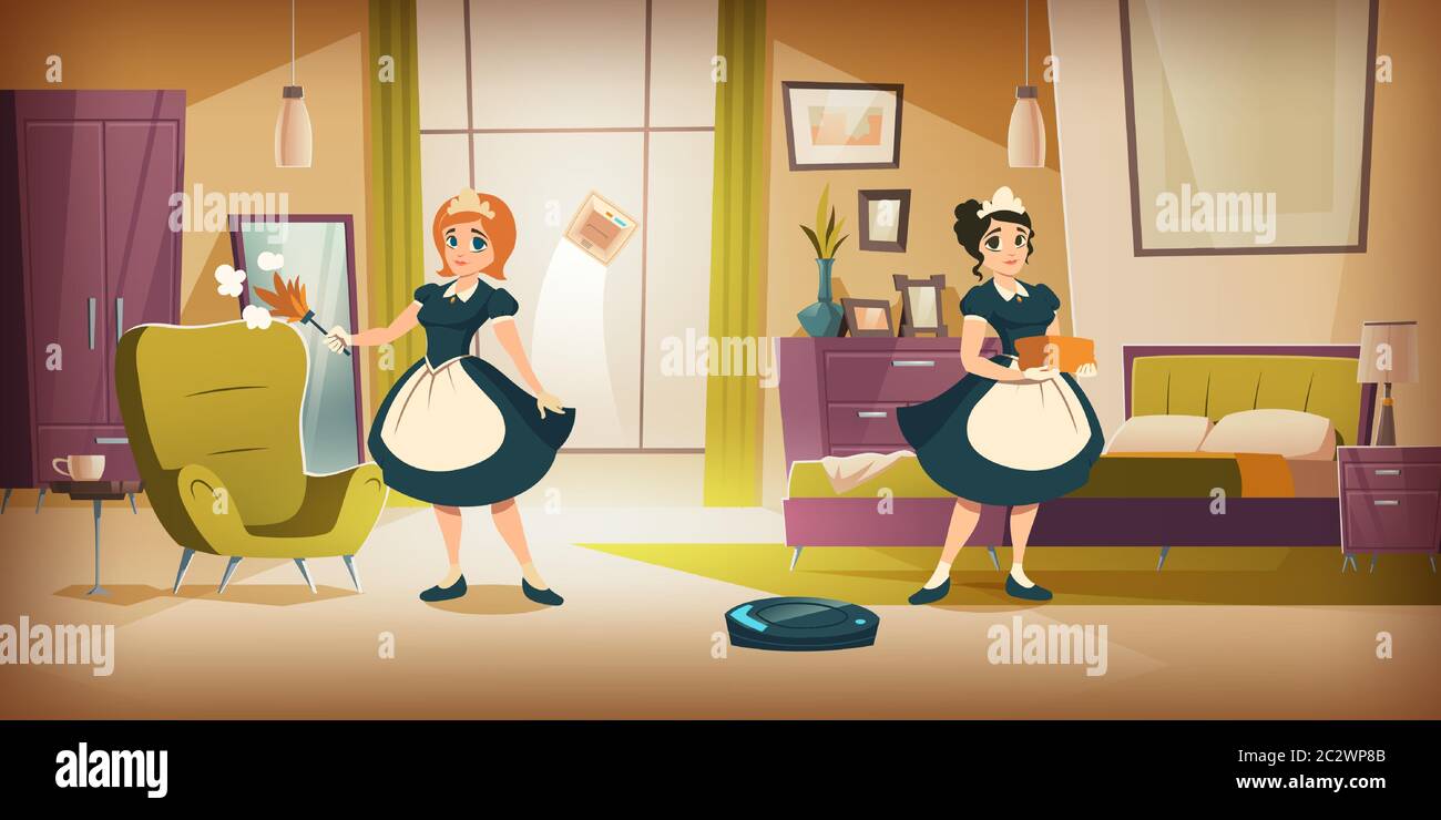 Bedroom interior with cleaning maids, home cleaning or hotel room ...