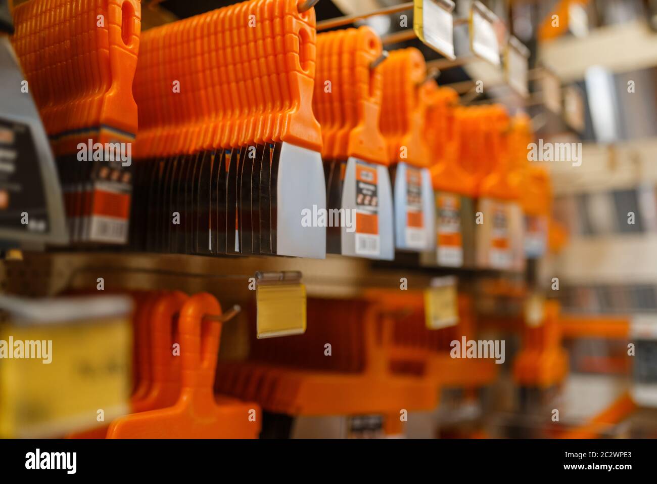 Hardware store assortment, shelf with instrument, nobody. Building ...