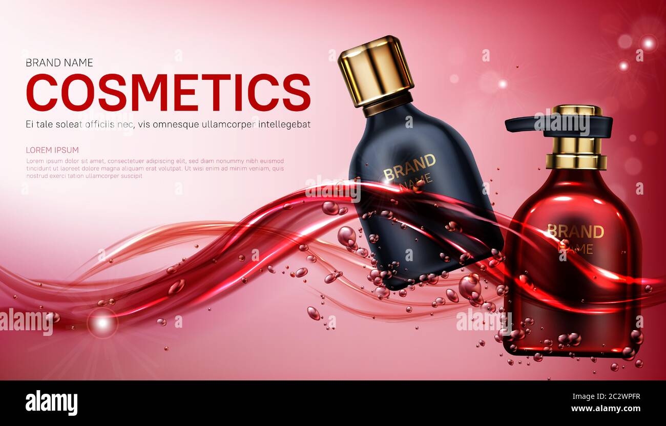 Cosmetics bottles mock up banner. Beauty product package design, red ...