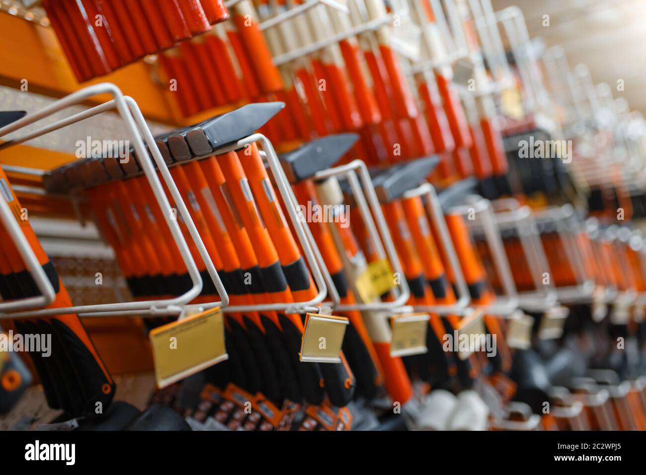Hardware store assortment, shelf with hammers, nobody. Building ...