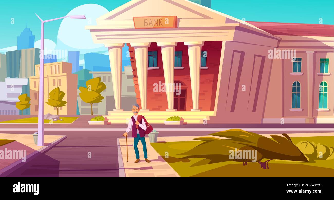 Pension fund, bank saving money cartoon vector concept. Happy senior ...