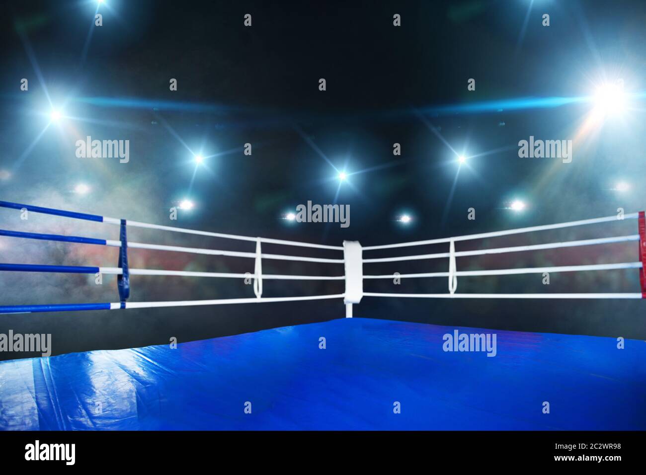 Empty boxing ring, blue flooring, view on corner with white ropes ...