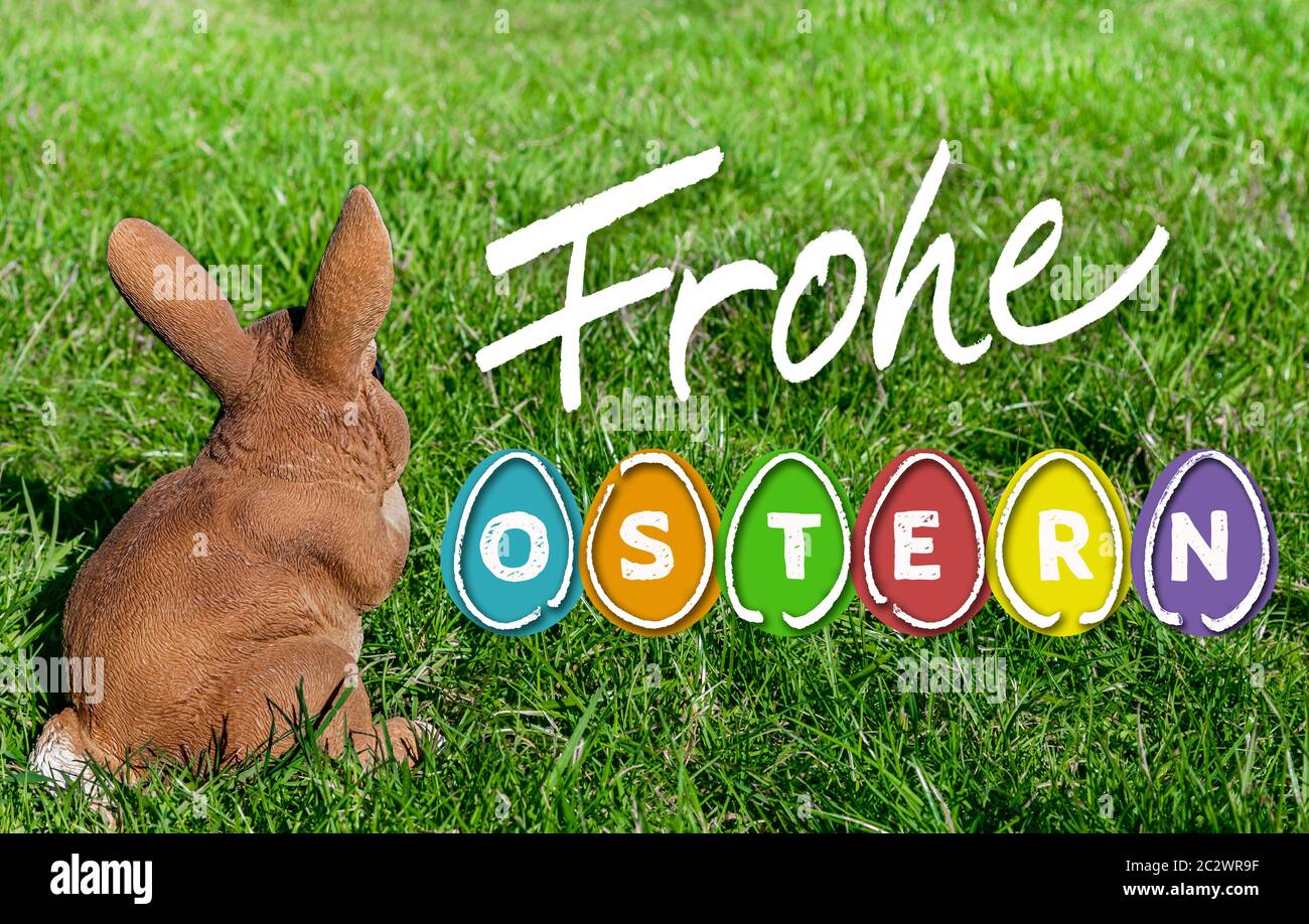 Frohe Ostern (in german happy easter) with colorful eggs and easter ...