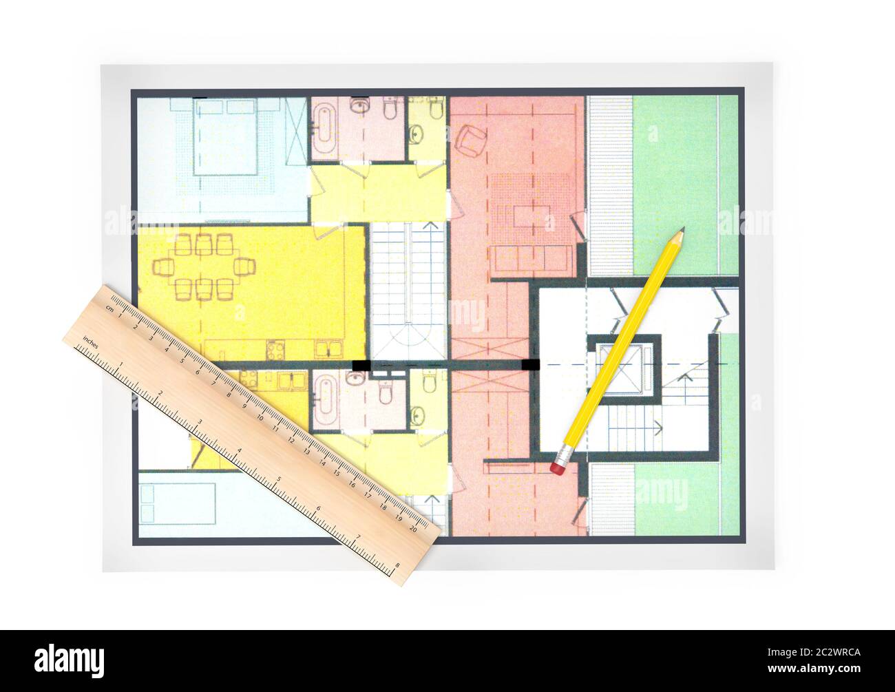 Up view of house plan with a pencil and a ruller on white background ...