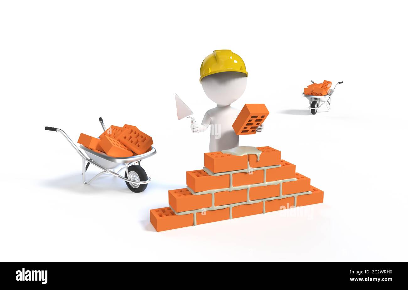 Small person - builder in the helmet with a shovel and bricks isolated ...