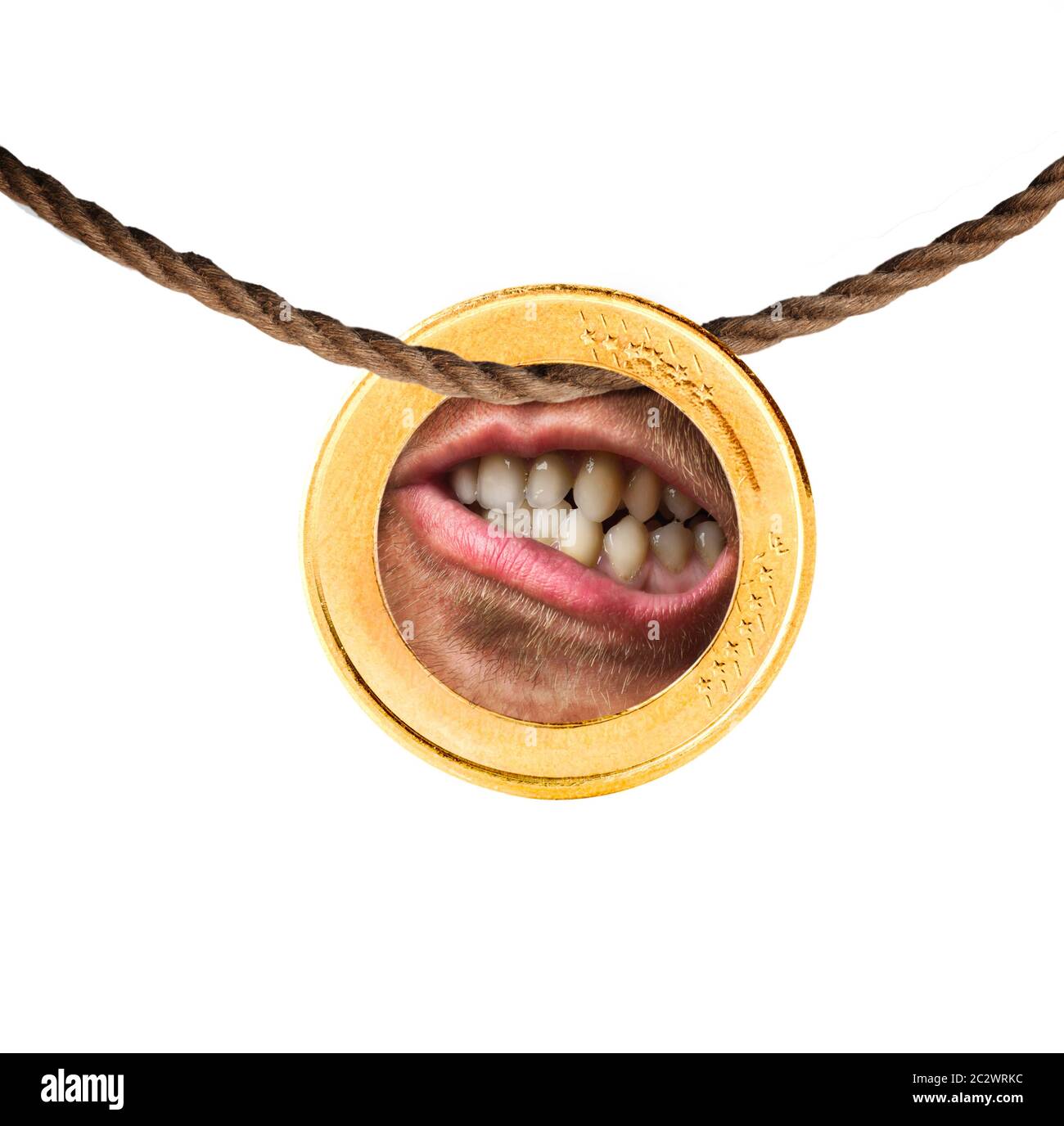 Human mouth in the coin hanging on the rope on white Stock Photo - Alamy