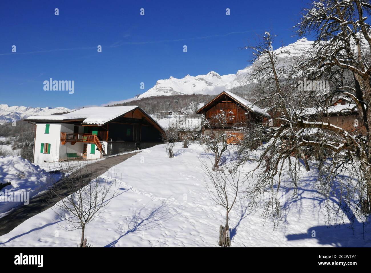 holiday at the foot of Mont Blanc in winter in the Chamonix Valley ...