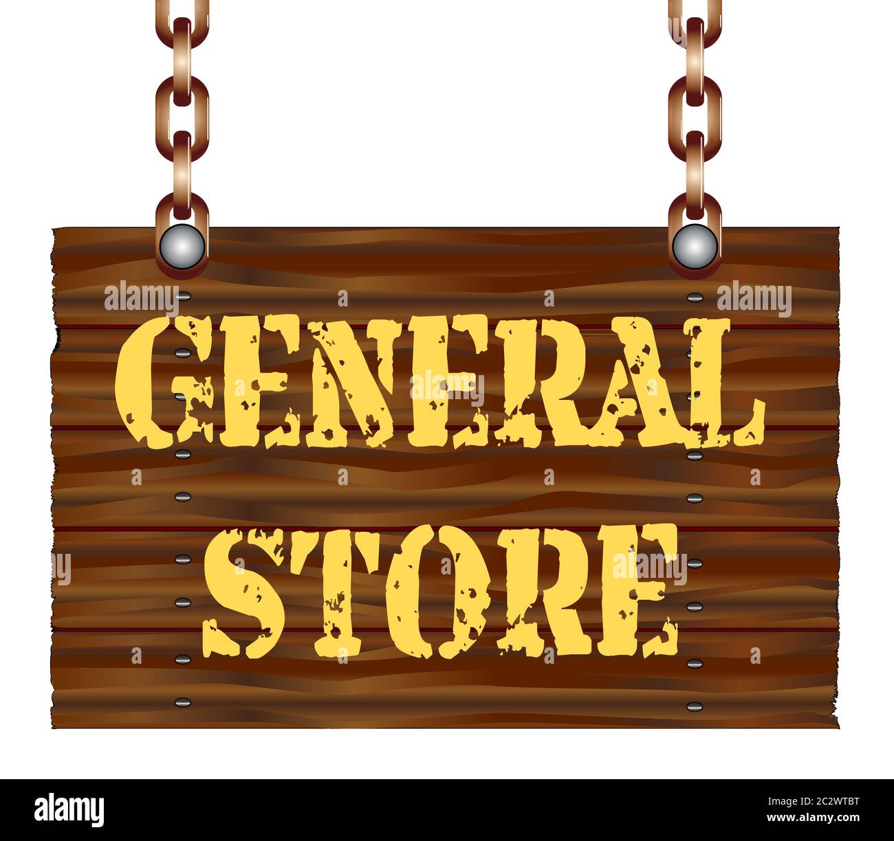 A hanging wooden general store sign isolated against a white background ...