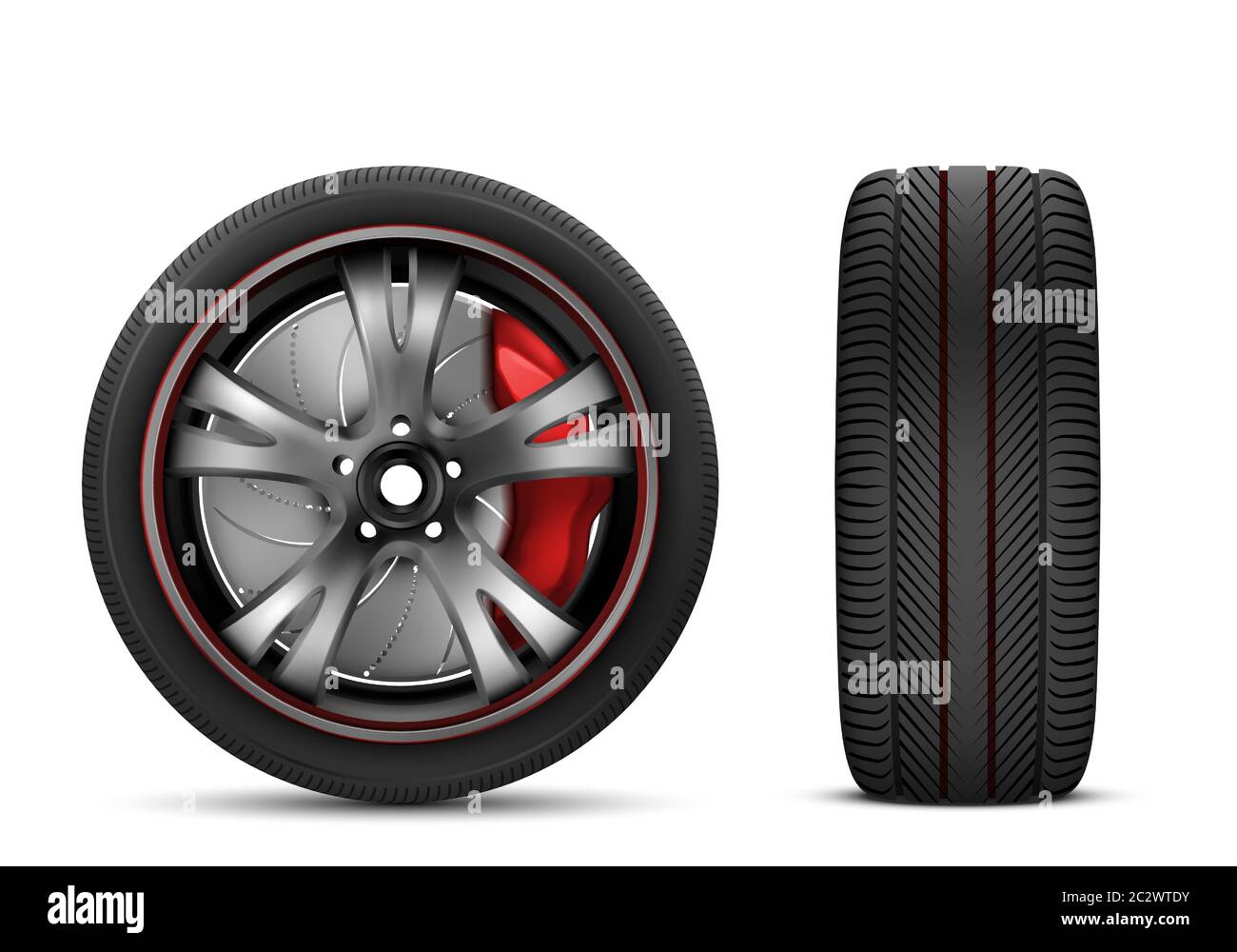 Sport car wheel with red brake gear and japanese steel disk isolated on ...