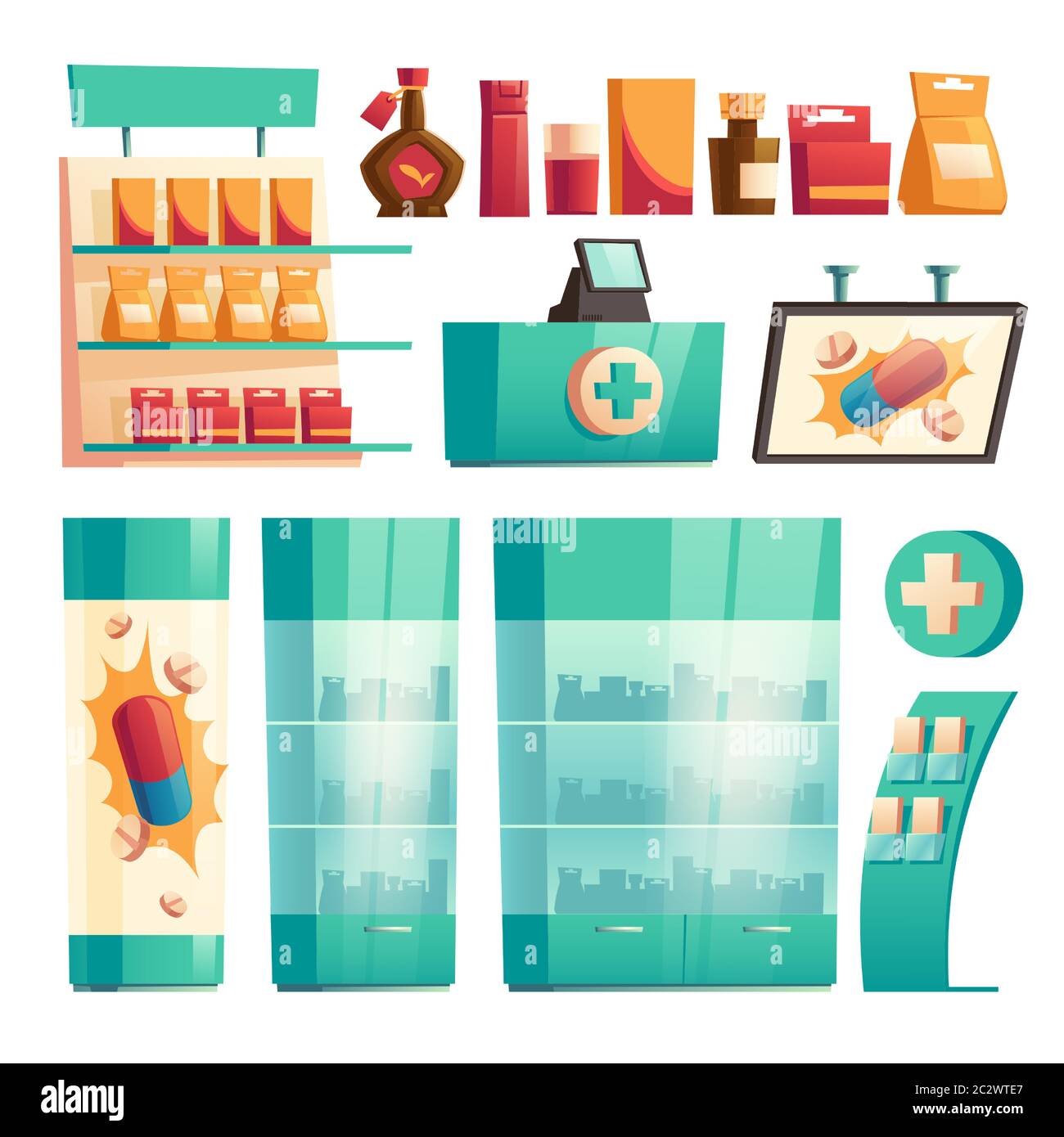 Pharmacy, drugstore shelves with medicines, showcase with pills. Vector ...