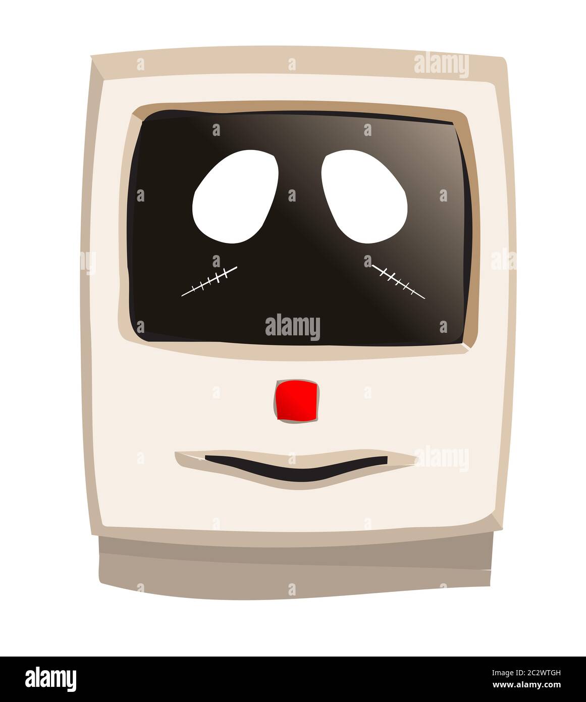 Early years desk top beige computer with scary scar face on a white ...