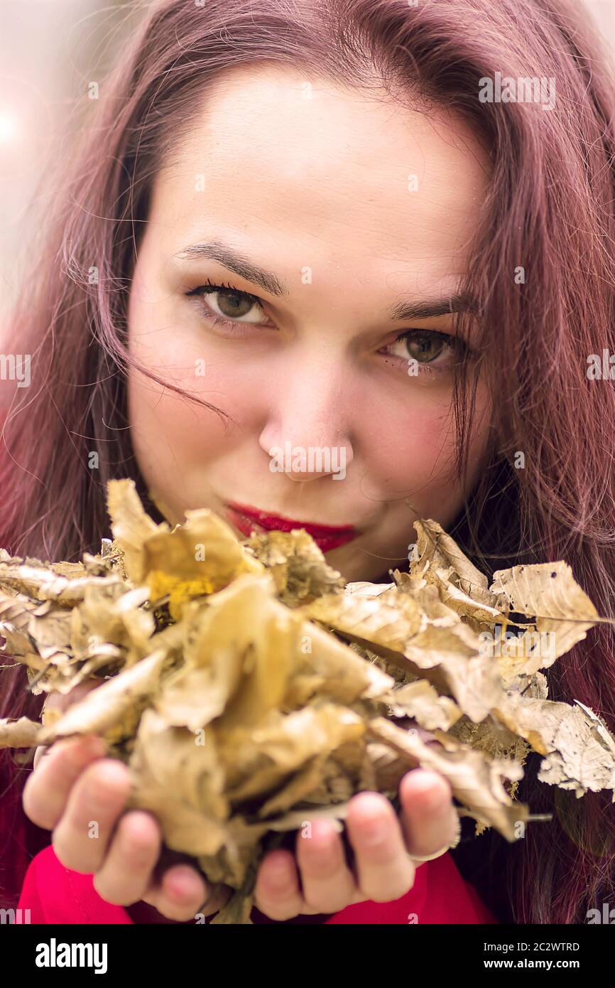 Closeup portrait of a woman holding dry tree leaves Stock Photo - Alamy