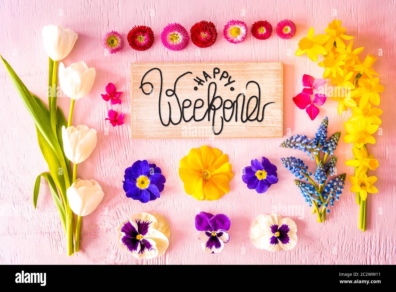 Rustic Wooden Sign With English Calligraphy Happy Weekend. Flat Lay ...