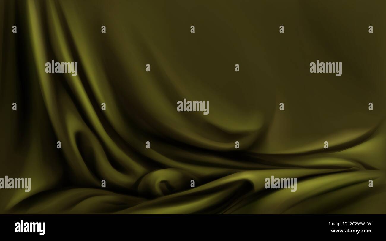 Olive green silk cloth, folded fabric realistic texture vector background. Soft smooth ripple ...