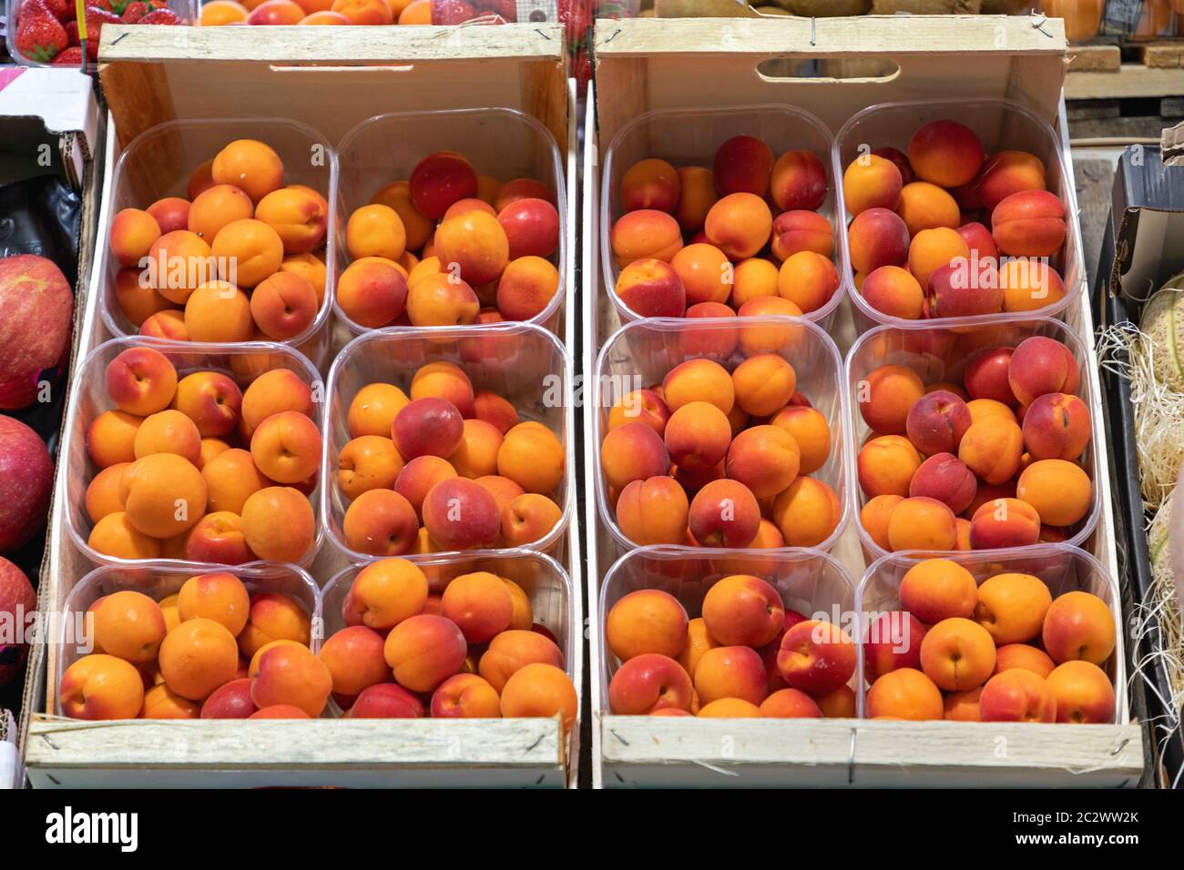 Apricots Fruits in Trays Crates Market Stock Photo - Alamy